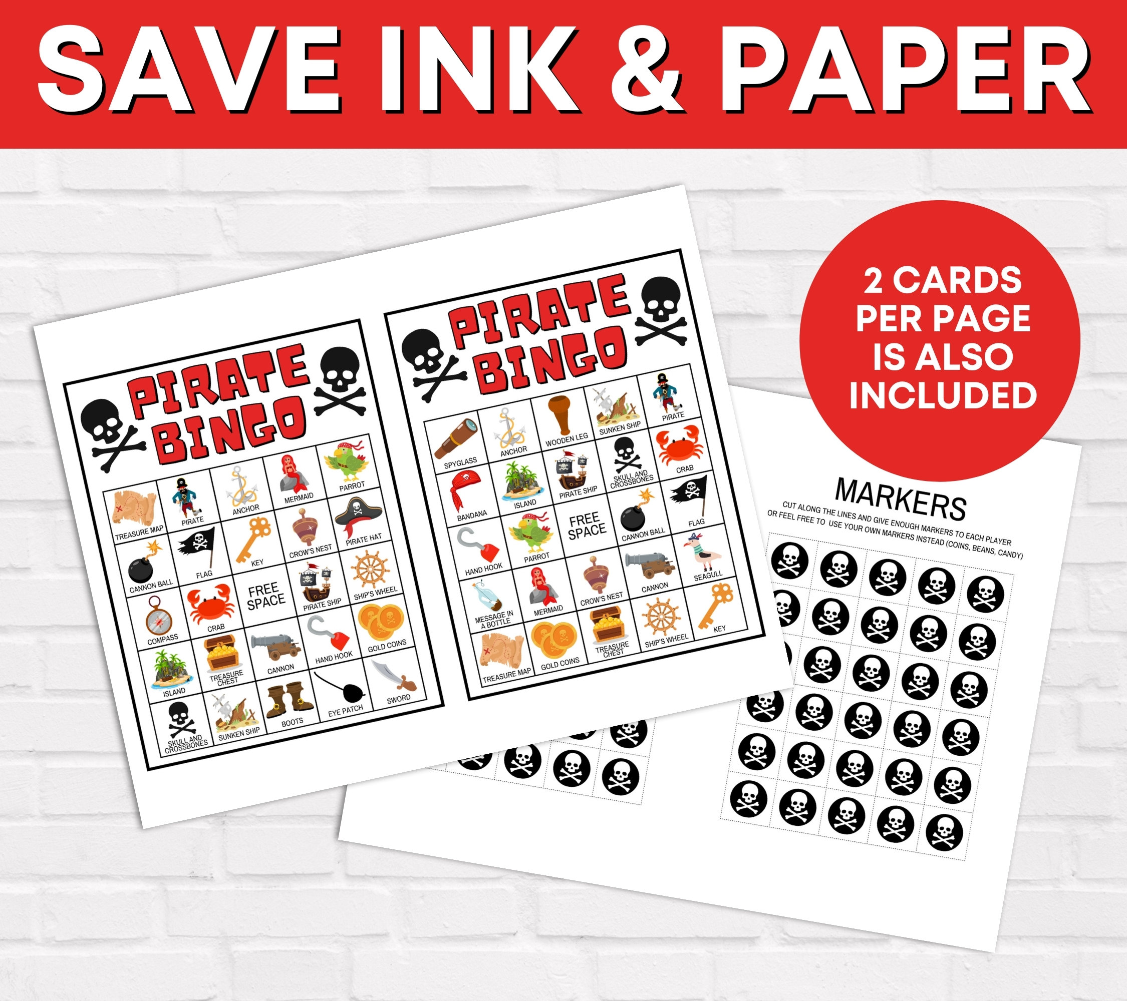 60 Pirate Bingo Cards Printable Game, Pirate Birthday Party Kids Bingo ...