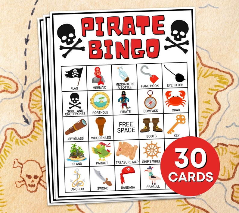 30 Pirate Bingo Cards Printable Game, Pirate Birthday Party Kids Bingo ...