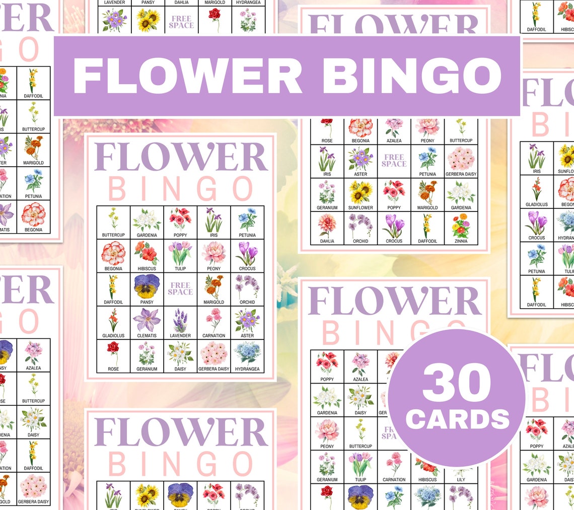 30 Flower Bingo Cards Printable Game, Floral Spring Bingo Boards Kids ...