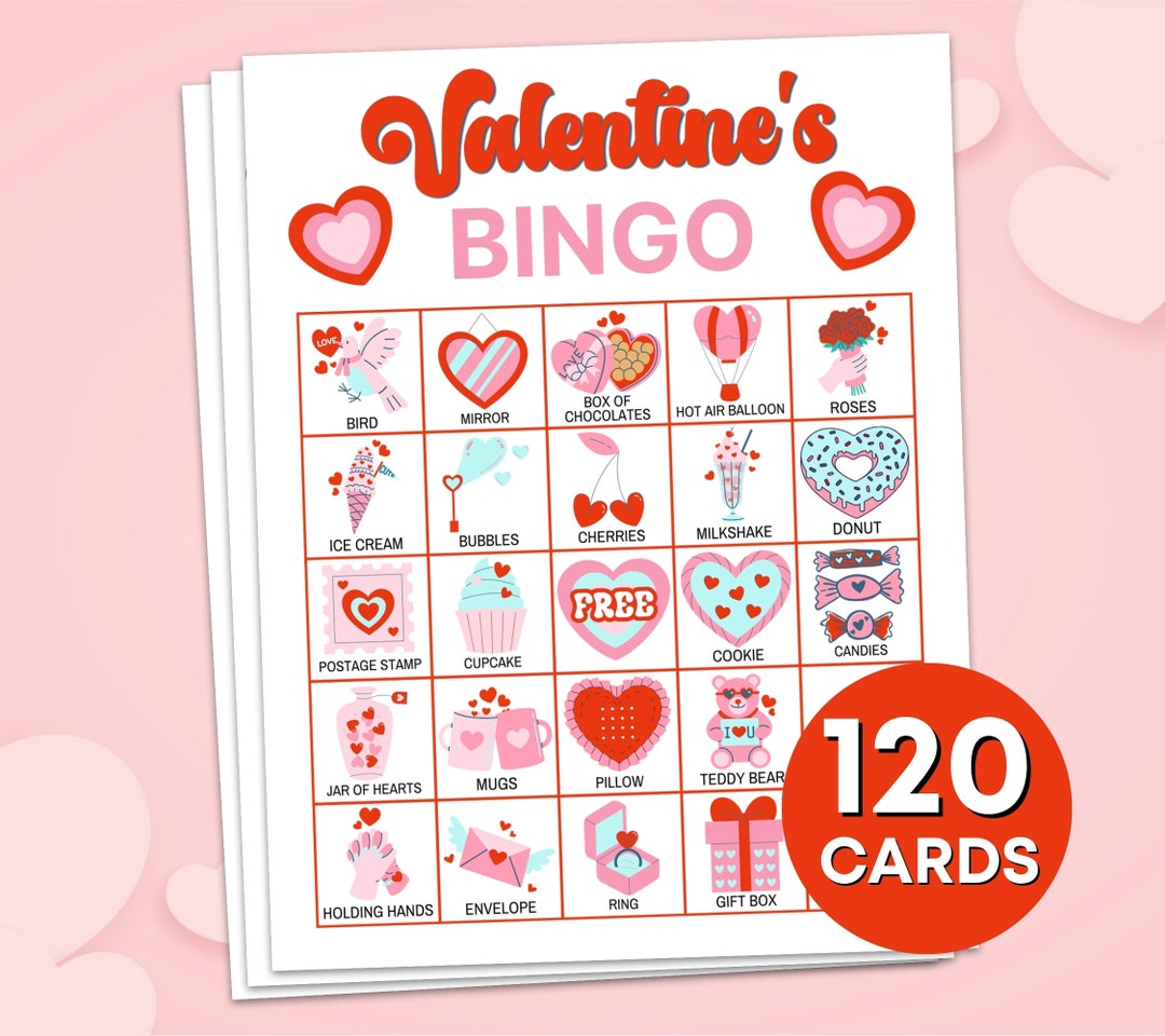 120 Valentines Bingo Game Cards Printable, Valentines Day Bingo Cards ...