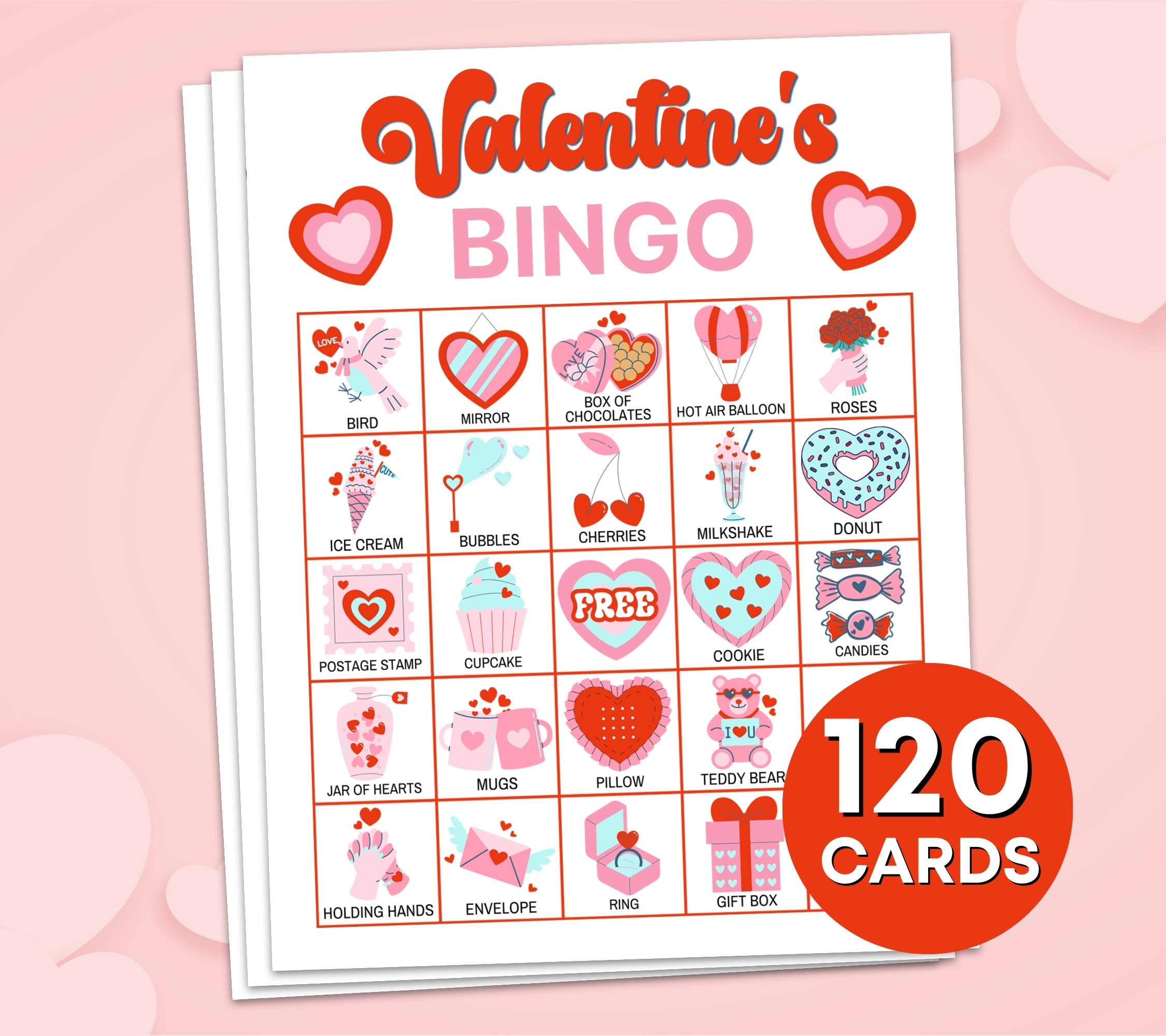120 Valentines Bingo Game Cards Printable, Valentines Day Bingo Cards ...