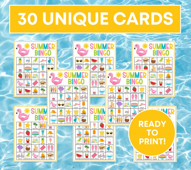 30 Summer Bingo Cards Printable Game, Summer Birthday Party Bingo Game ...