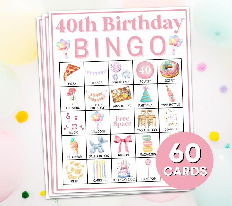60 40th Birthday Bingo Cards Printable Game, 40th Birthday Party Bingo ...