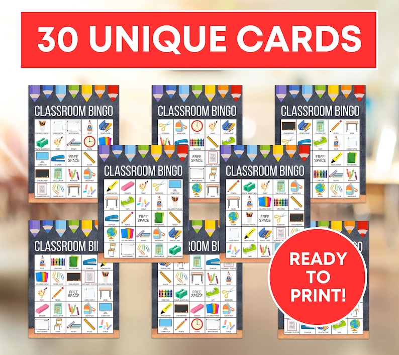 30 School Classroom Bingo Cards Printable Game, First Day Back to ...