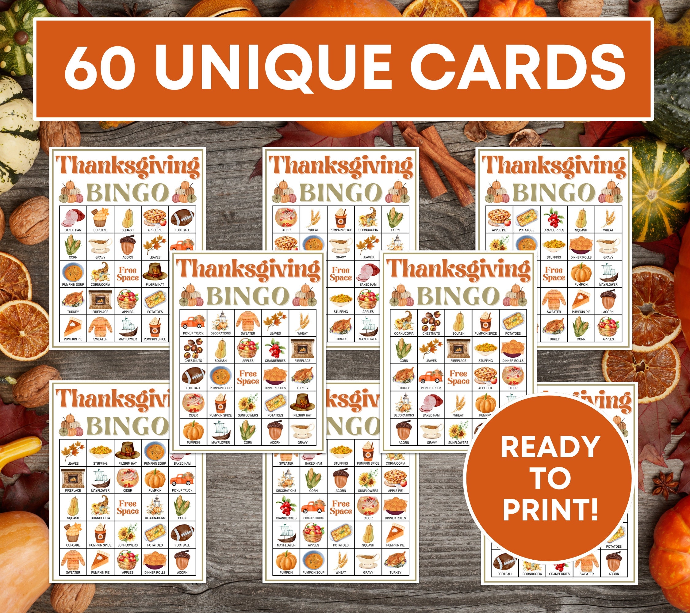 60 Thanksgiving Bingo Cards Printable Game,thanksgiving Fall Bingo ...