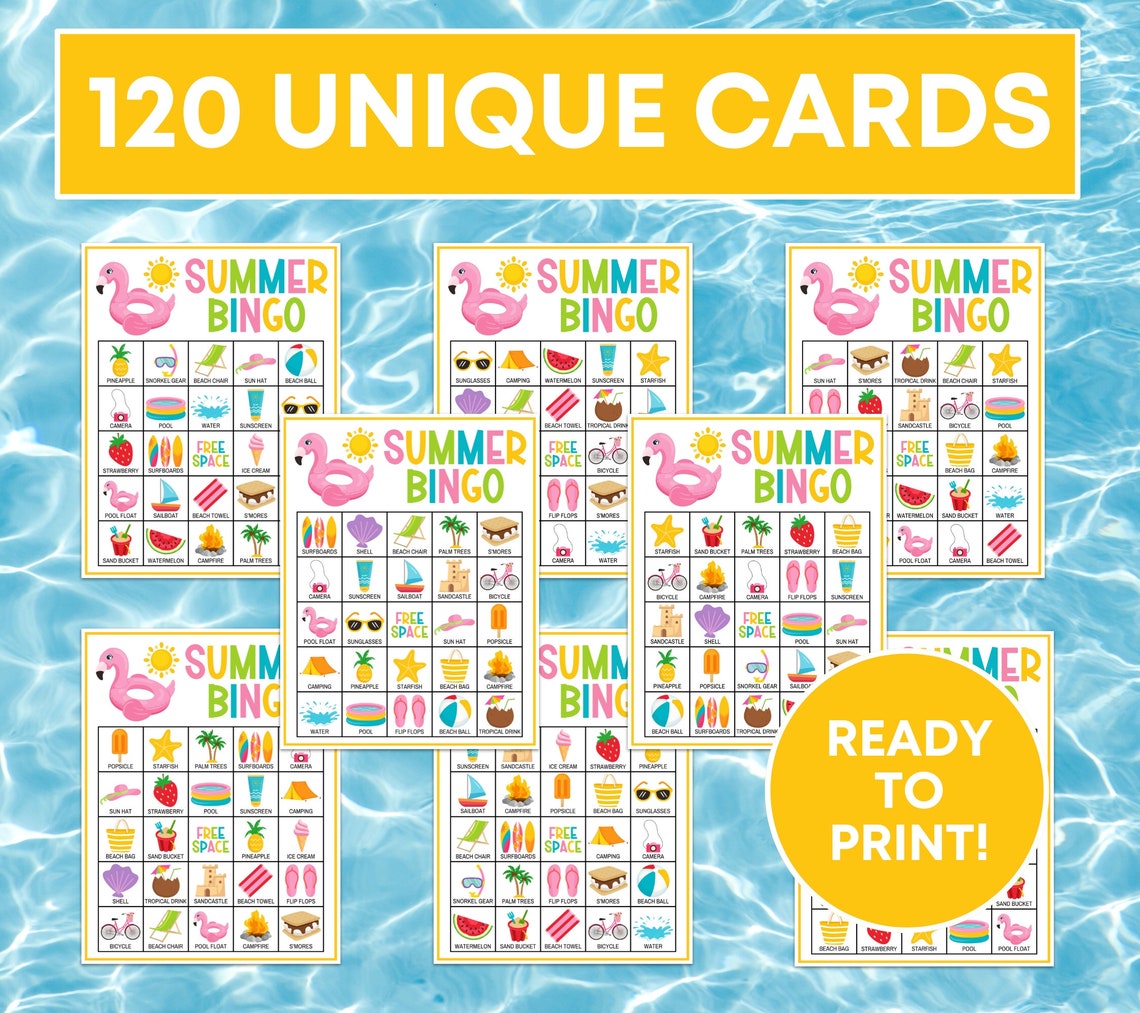 120 Summer Bingo Cards Printable Game, Summer Birthday Party Bingo Game ...