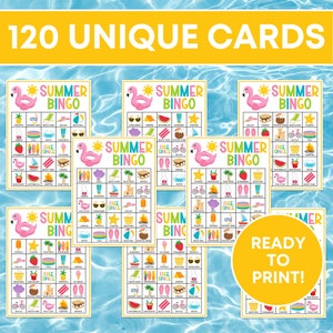 120 Summer Bingo Cards Printable Game, Summer Birthday Party Bingo Game ...