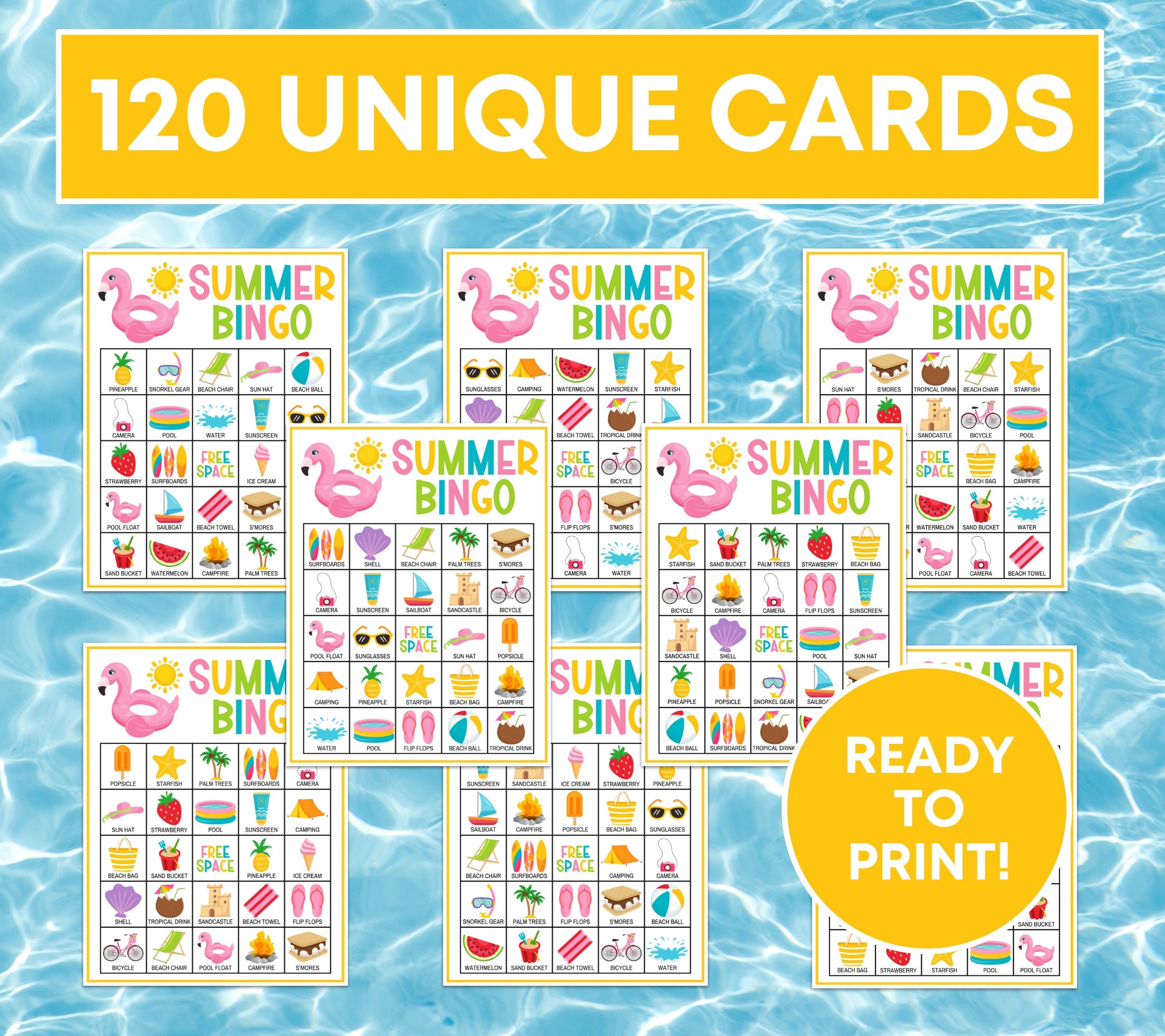 120 Summer Bingo Cards Printable Game, Summer Birthday Party Bingo Game ...