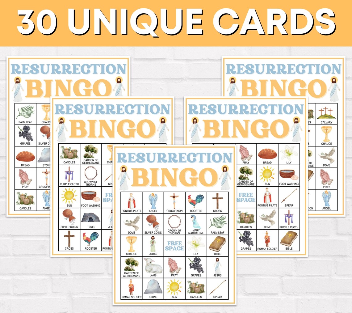 30 Resurrection Bingo Cards Printable Game, Easter Sunday Bible Bingo ...
