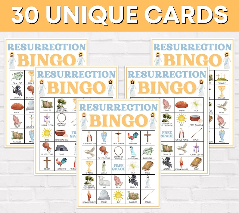 30 Resurrection Bingo Cards Printable Game, Easter Sunday Bible Bingo ...
