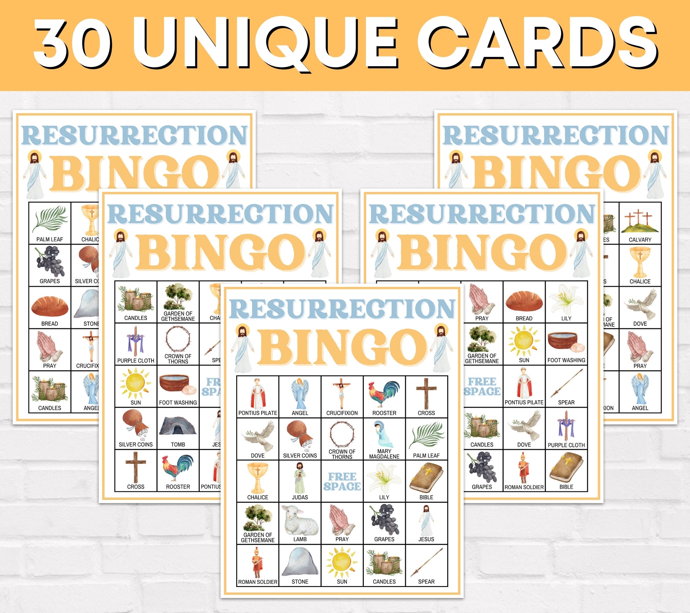 30 Resurrection Bingo Cards Printable Game, Easter Sunday Bible Bingo ...