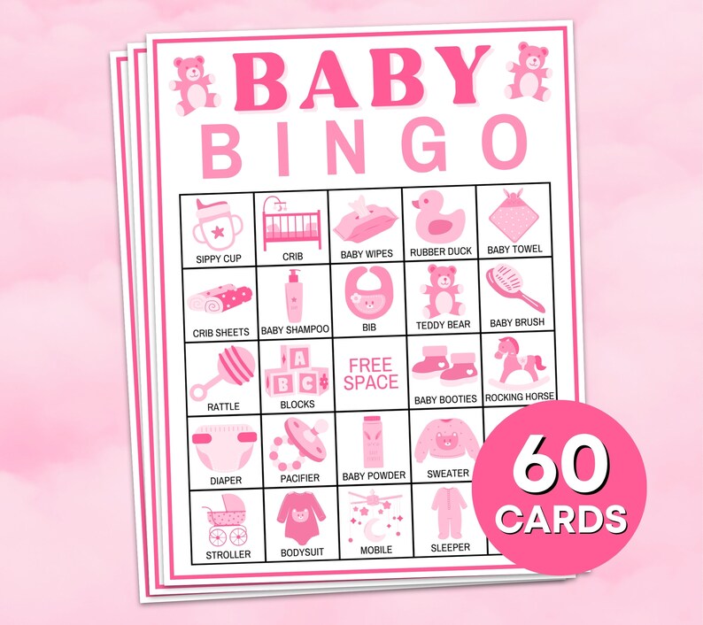 60 Baby Bingo Cards Printable Game, Baby Girl Shower Bingo Game Boards ...