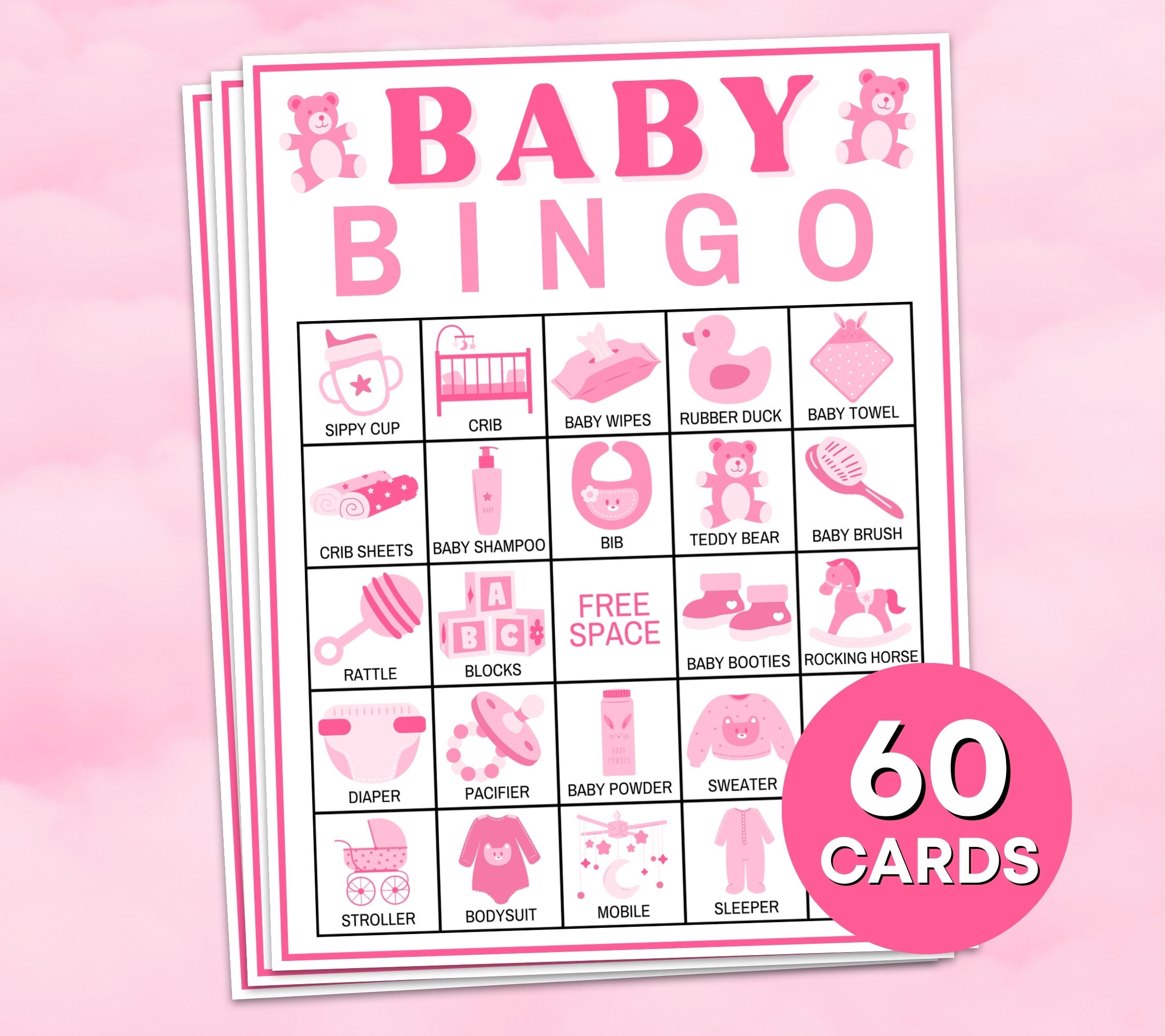60 Baby Bingo Cards Printable Game, Baby Girl Shower Bingo Game Boards ...