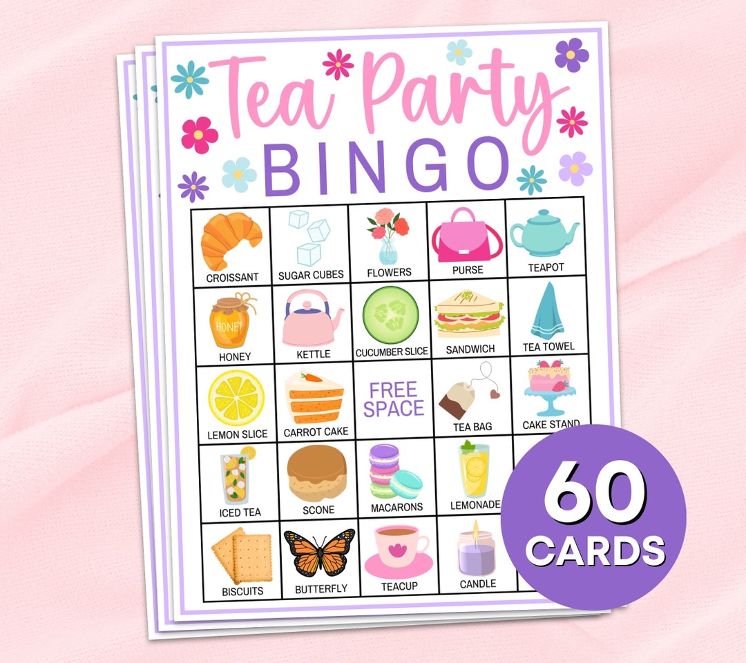 60 Tea Party Bingo Cards Printable Game, Tea Party Bridal Shower Bingo ...