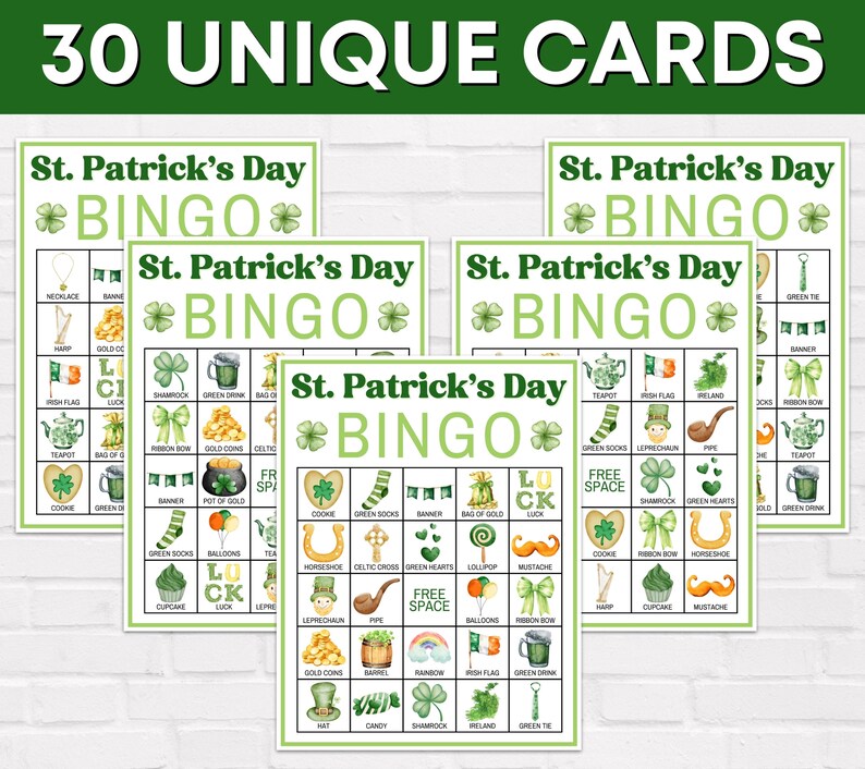 30 St Patricks Day Bingo Cards Game Printable, St Patrick Bingo Boards ...