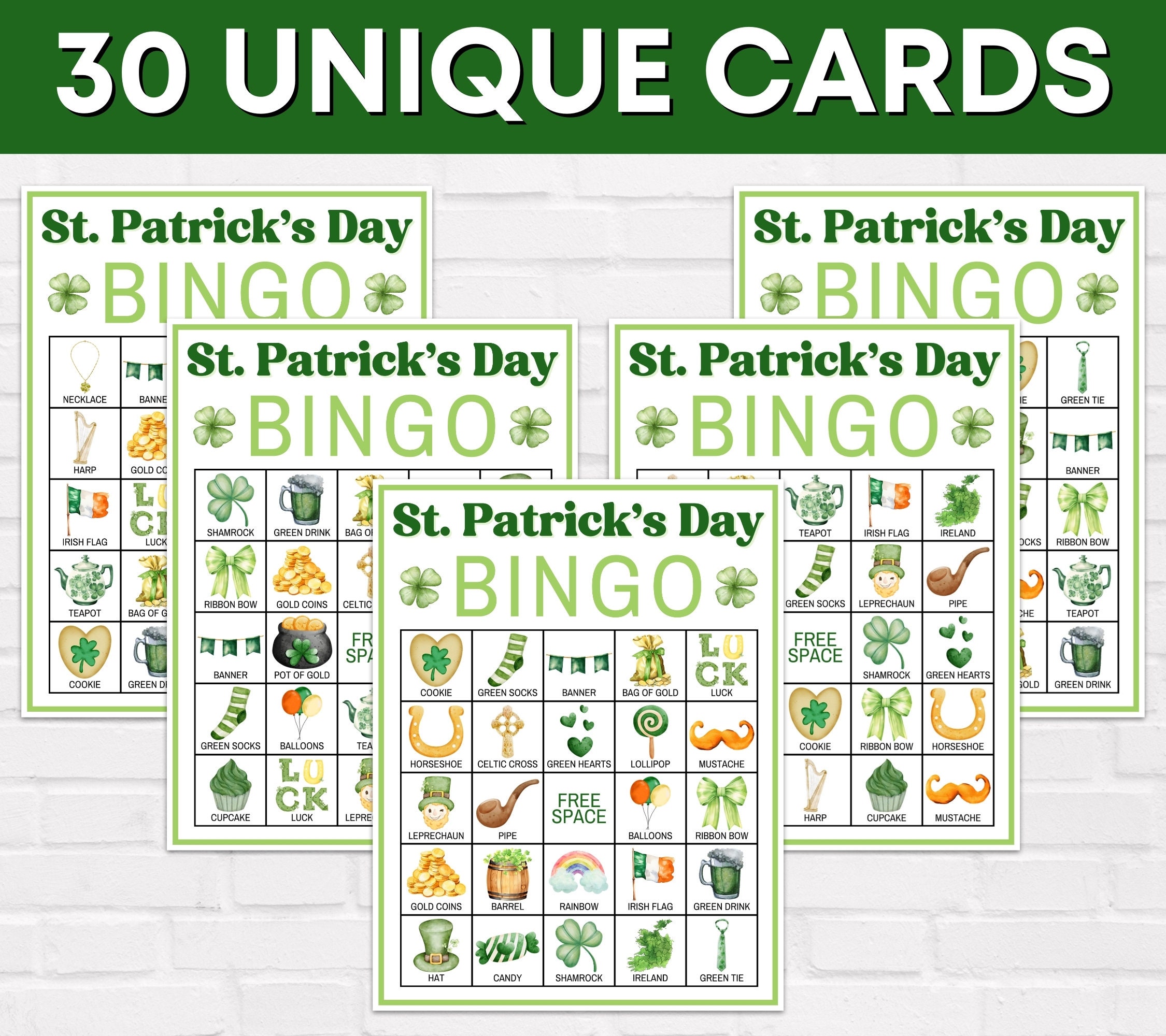 30 St Patricks Day Bingo Cards Game Printable, St Patrick Bingo Boards ...