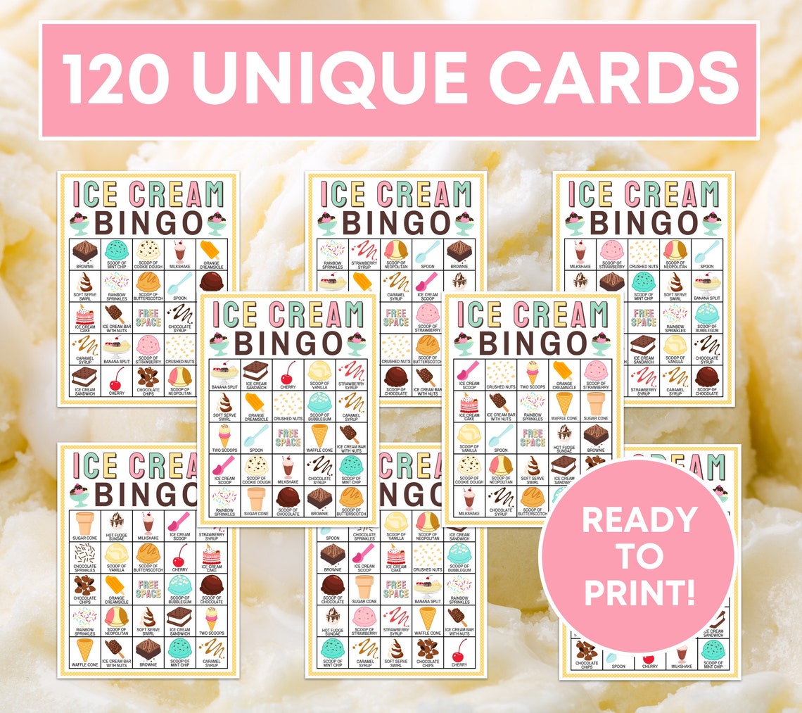120 Ice Cream Bingo Cards Printable Game, Ice Cream Birthday Party ...