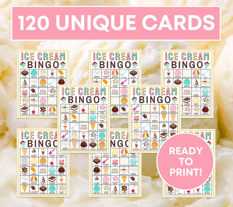 120 Ice Cream Bingo Cards Printable Game, Ice Cream Birthday Party ...