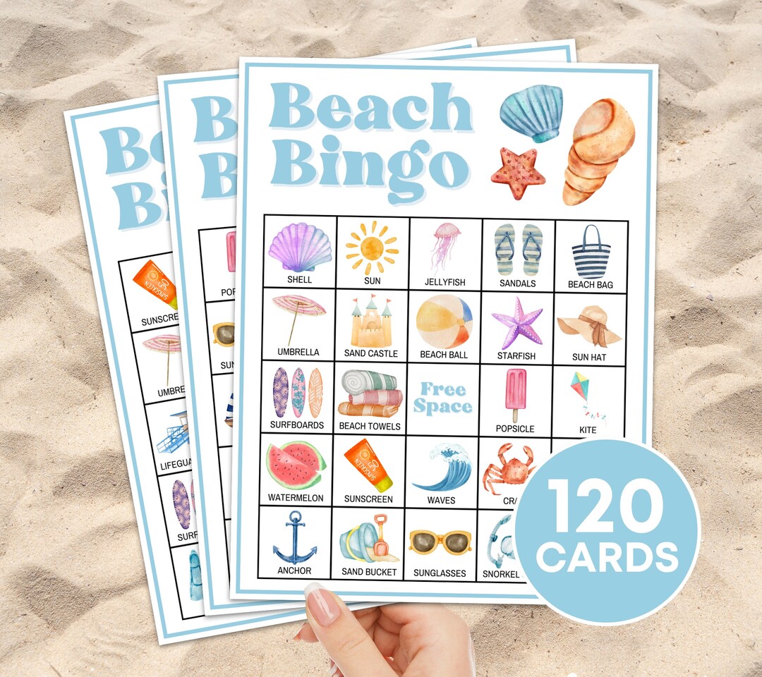120 Beach Bingo Cards Printable Game, Beach Day Birthday Party Bingo ...