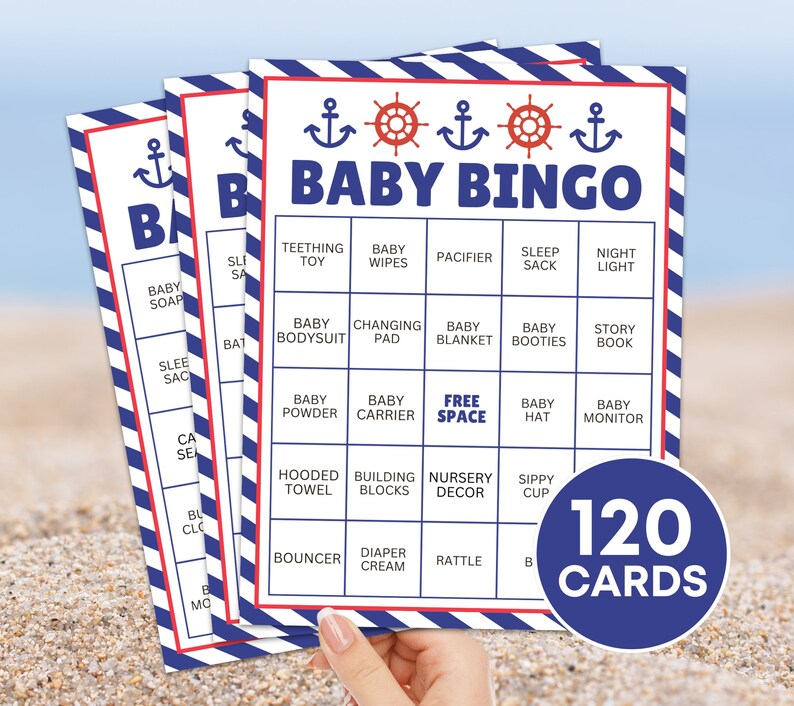 120 Ahoy Nautical Baby Shower Bingo Cards Printable Game, Baby Boy ...