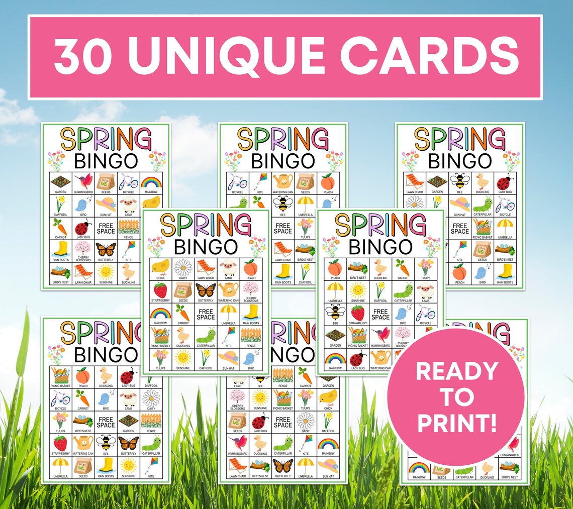 30 Spring Bingo Cards Printable Game, Spring Bingo Kids Classroom ...