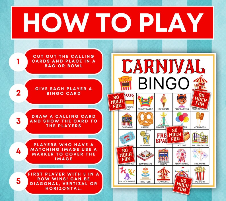120 Carnival Bingo Cards Printable Game, Carnival Party Bingo Boards ...