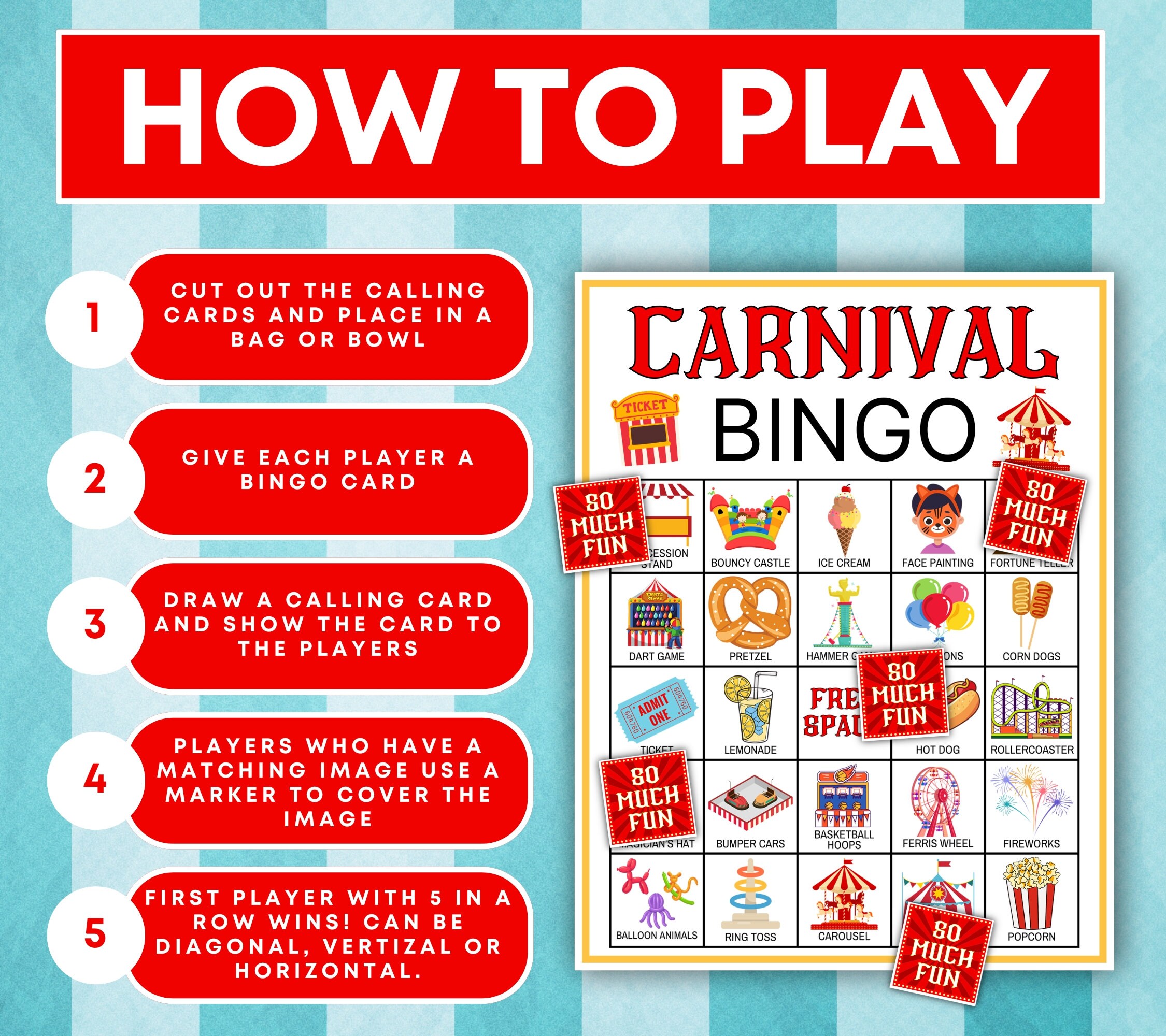 120 Carnival Bingo Cards Printable Game, Carnival Party Bingo Boards ...
