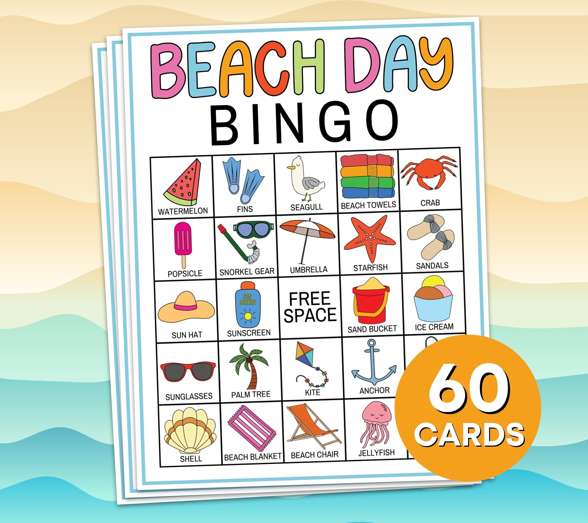 60 Beach Bingo Cards Printable Game, Beach Day Birthday Party Bingo ...