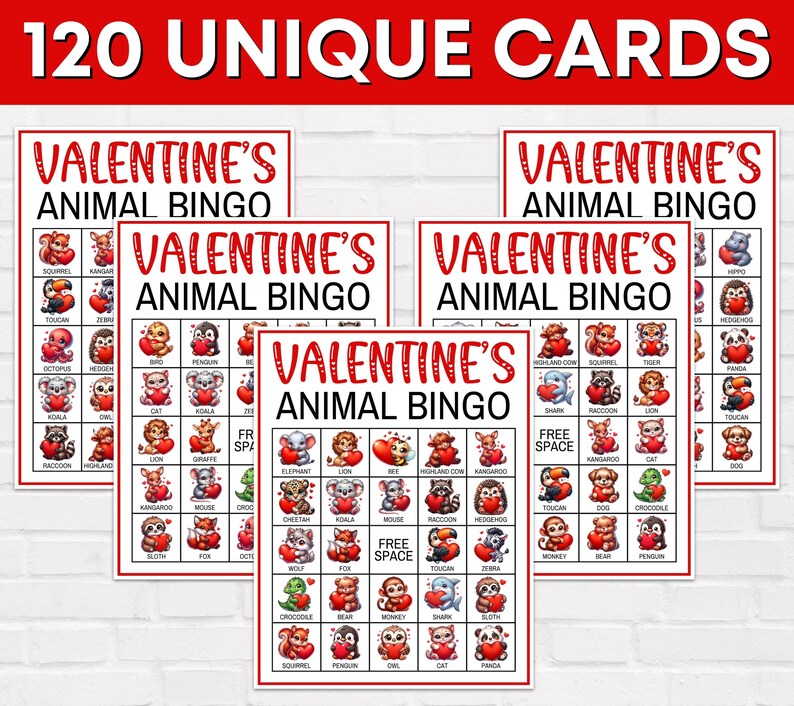 120 Valentines Animal Bingo Cards Printable Game, Valentines Animal ...