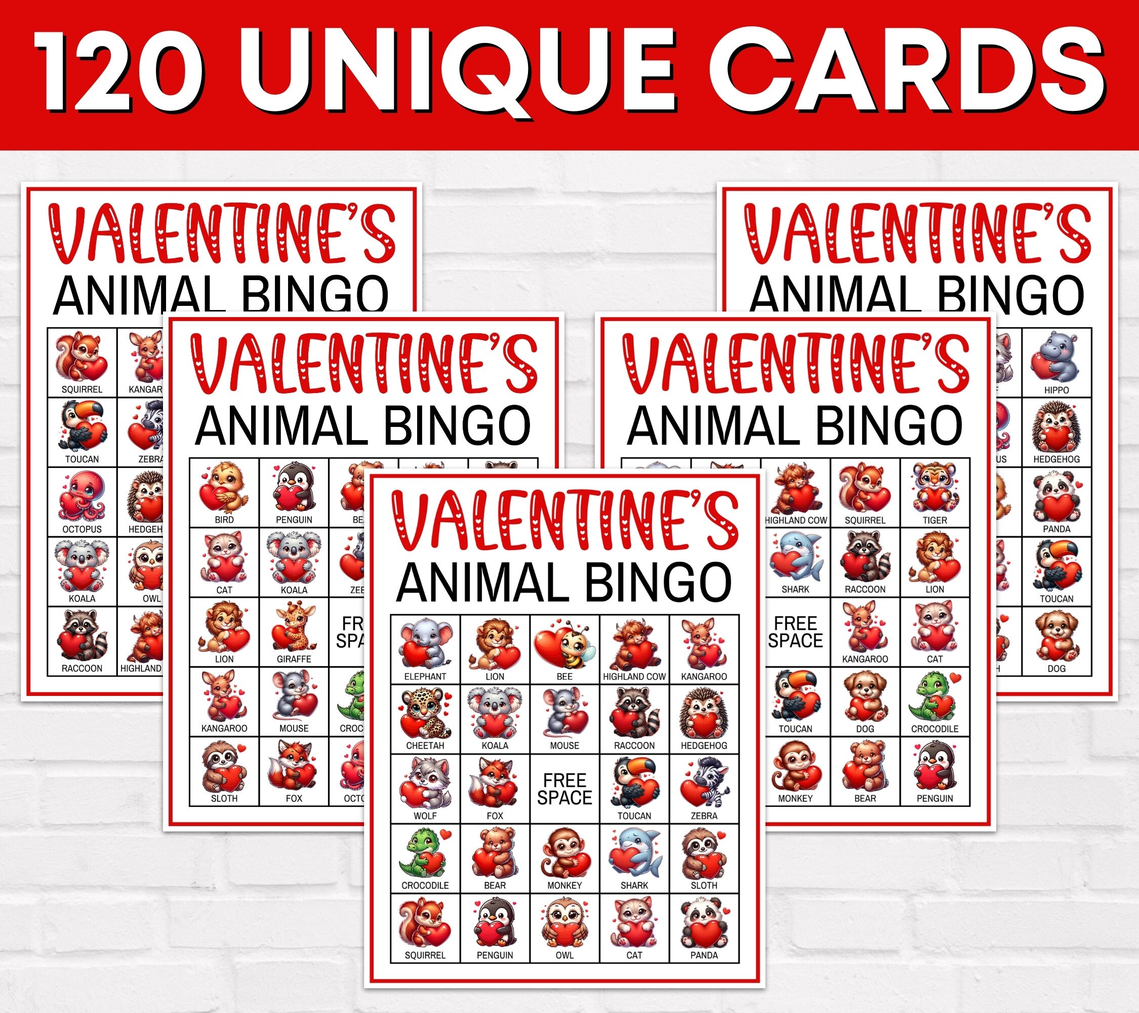 120 Valentines Animal Bingo Cards Printable Game, Valentines Animal ...