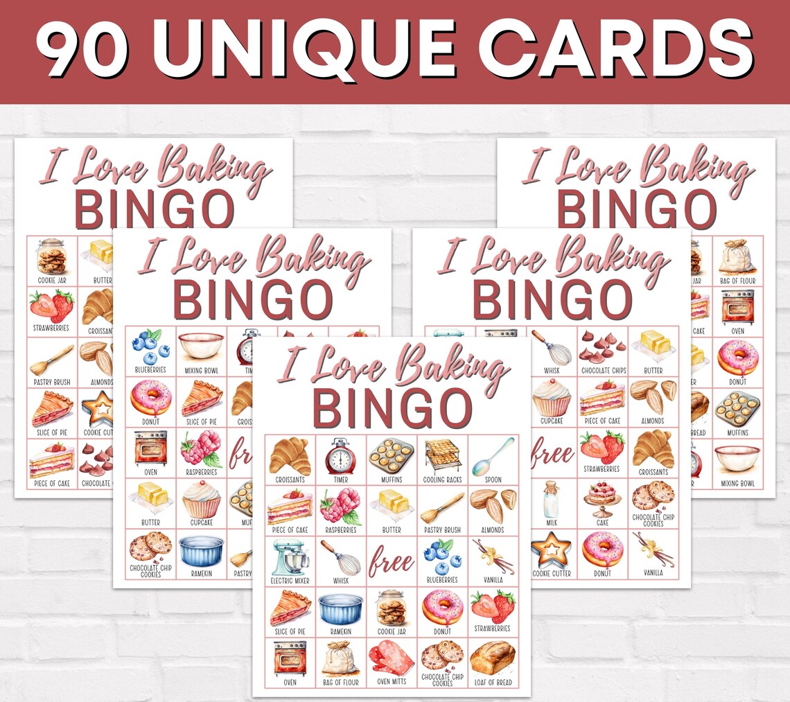 90 Baking Bingo Game Cards Printable, Baking Birthday Party Bingo ...