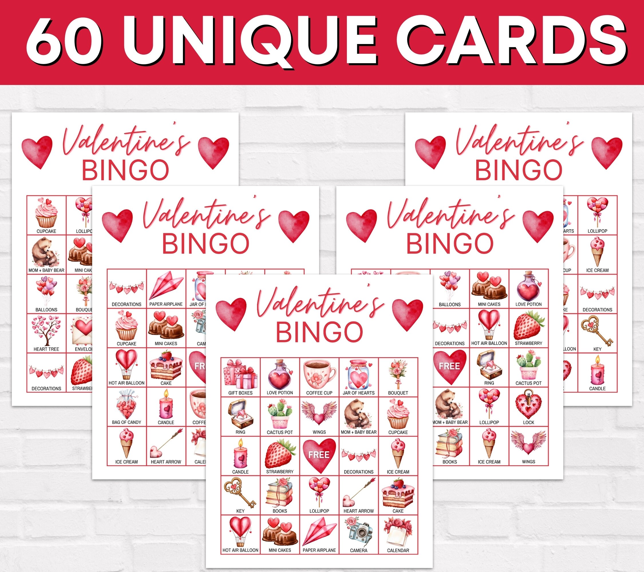 60 Valentines Bingo Game Cards Printable, Valentine's Day Bingo Cards ...