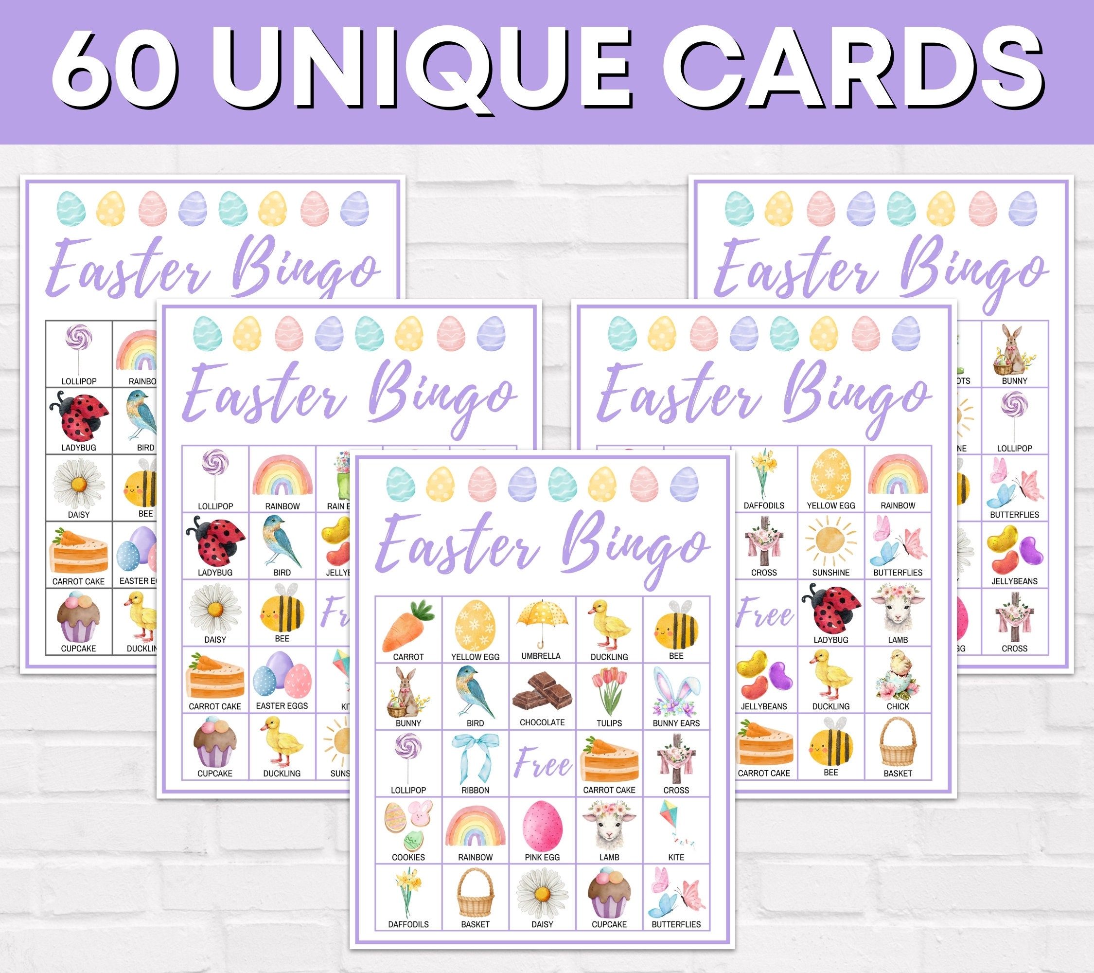 60 Easter Bingo Cards Printable Game, Easter Bingo Boards Activity for ...