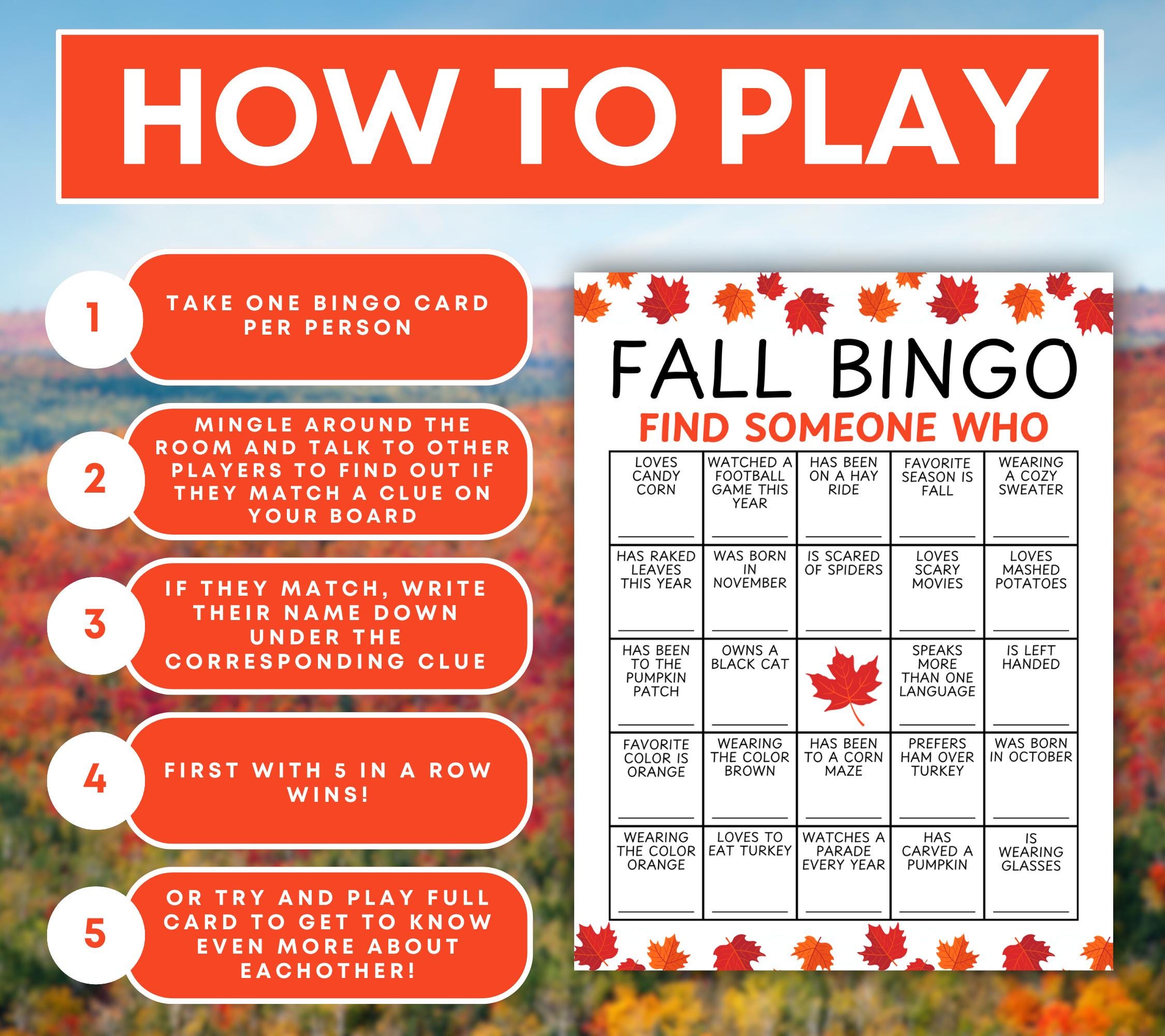 30 Fall Mingle Bingo Cards Printable Game, Fall Autumn Find Someone Who ...