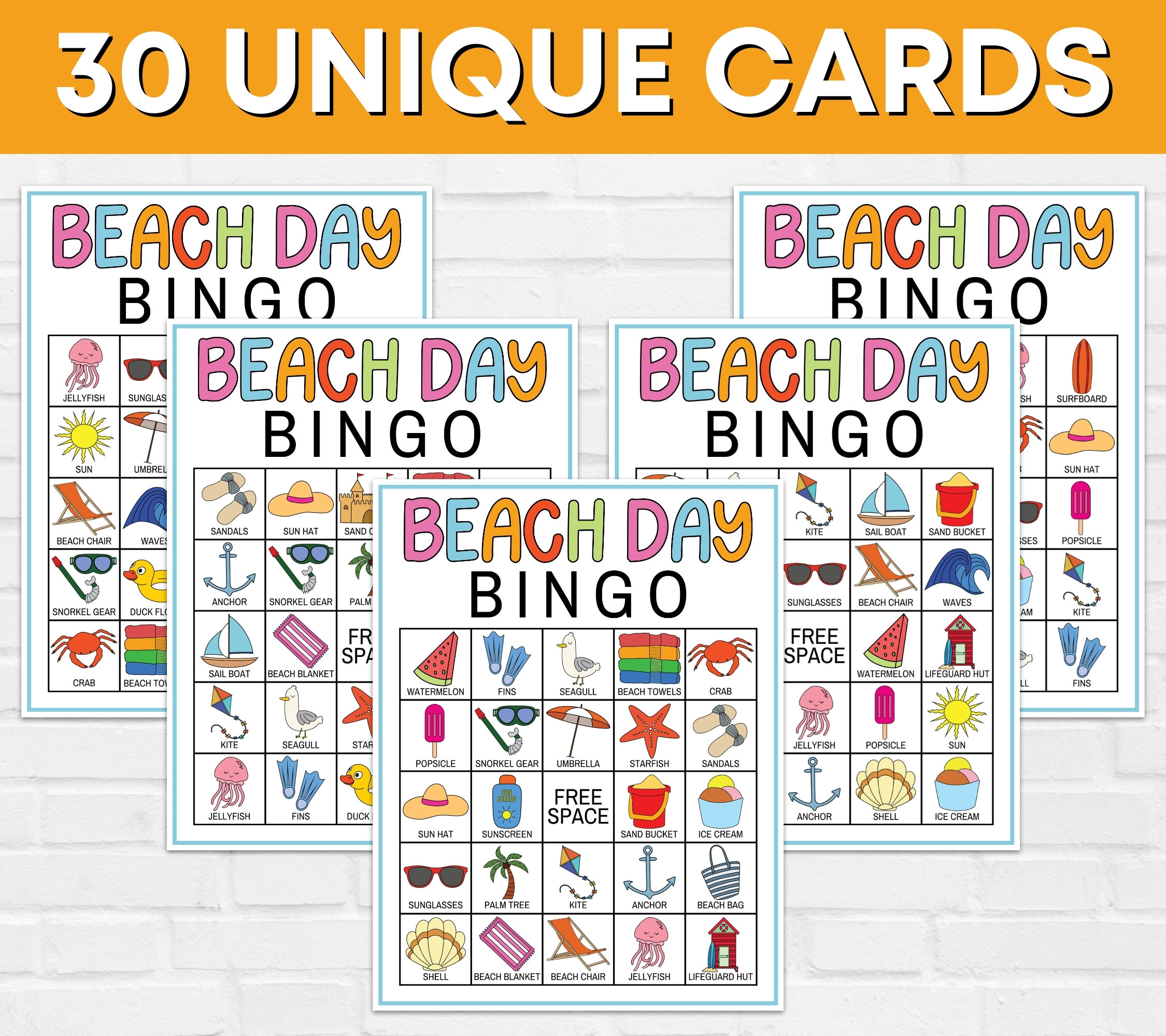 30 Beach Bingo Cards Printable Game, Beach Day Birthday Party Bingo ...