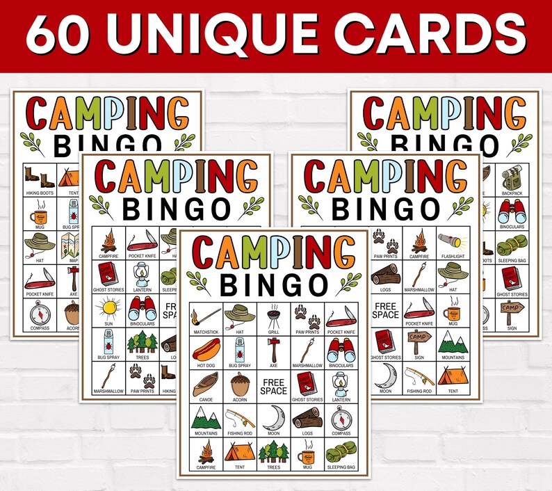 60 Camping Bingo Cards Printable Game, Camping Party Bingo Game ...