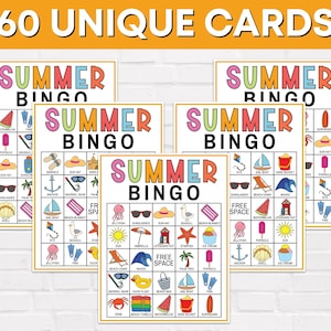 60 Summer Bingo Cards Printable Game, Summer Birthday Party Bingo Game ...