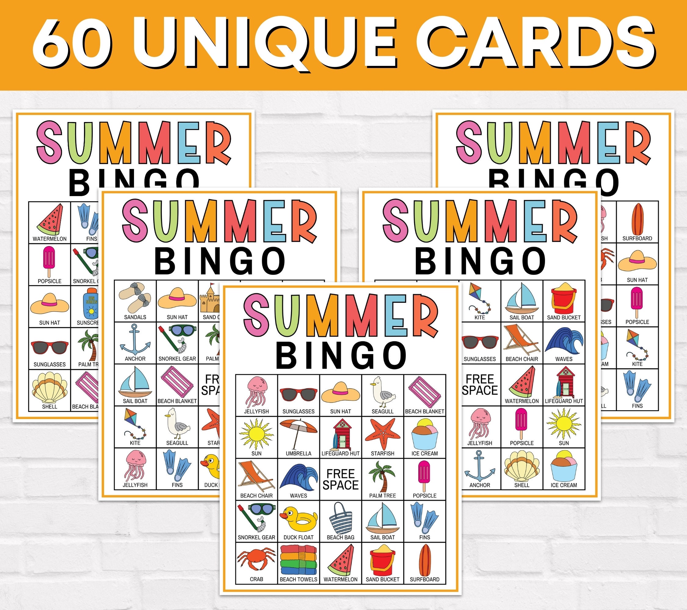 60 Summer Bingo Cards Printable Game, Summer Birthday Party Bingo Game ...