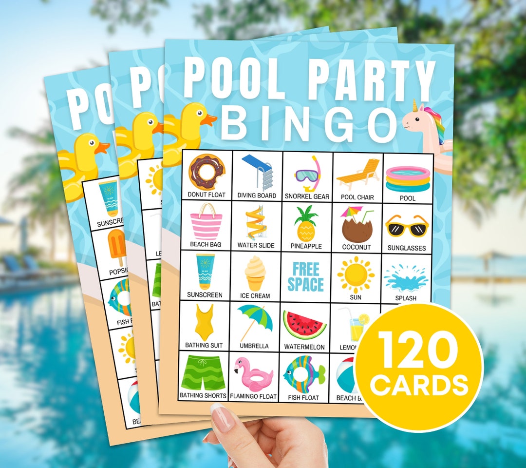 120 Pool Party Bingo Cards Printable Game, Summer Pool Party Birthday ...