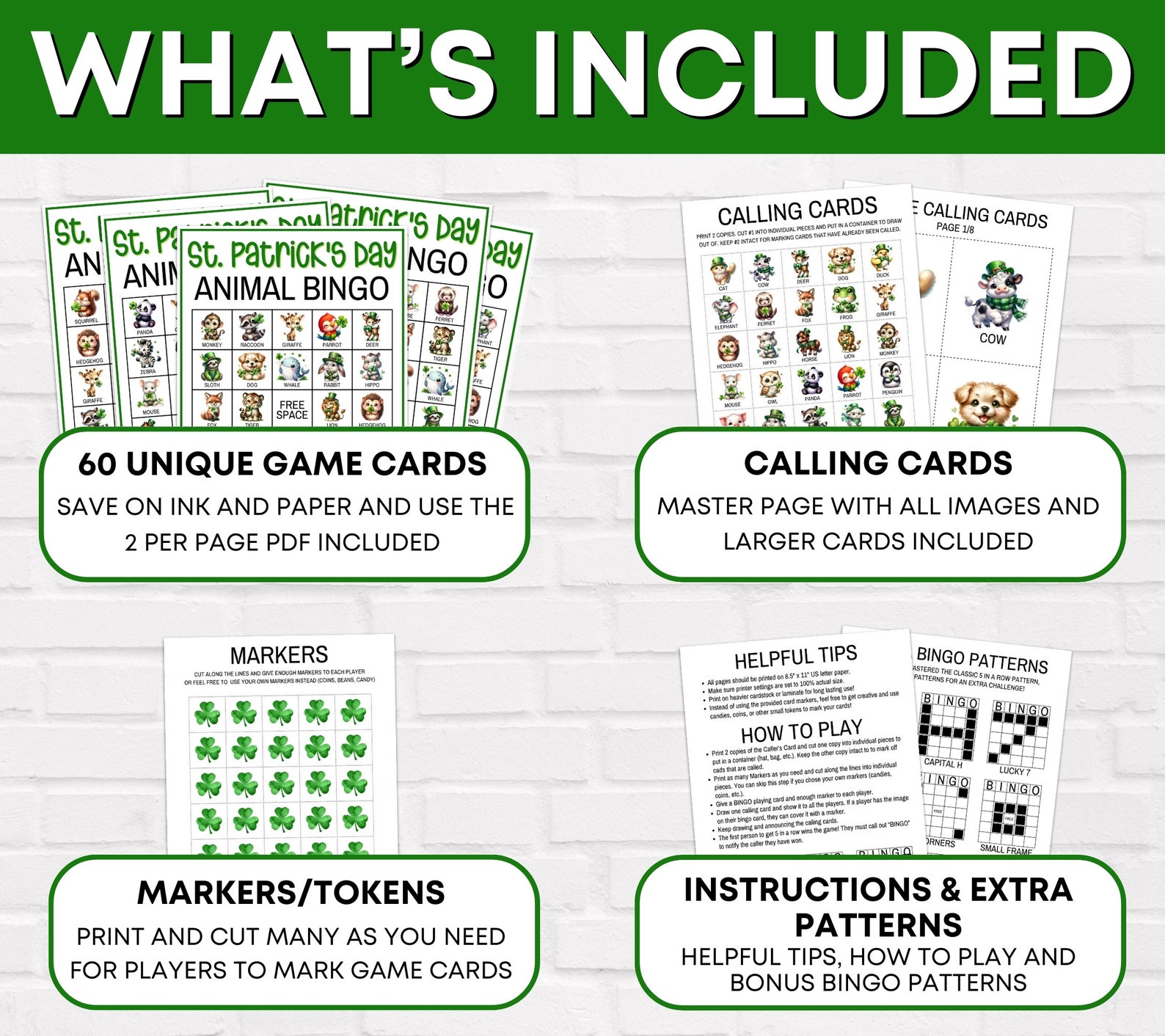 60 St Patricks Day Animal Bingo Cards Game Printable, St Patricks ...