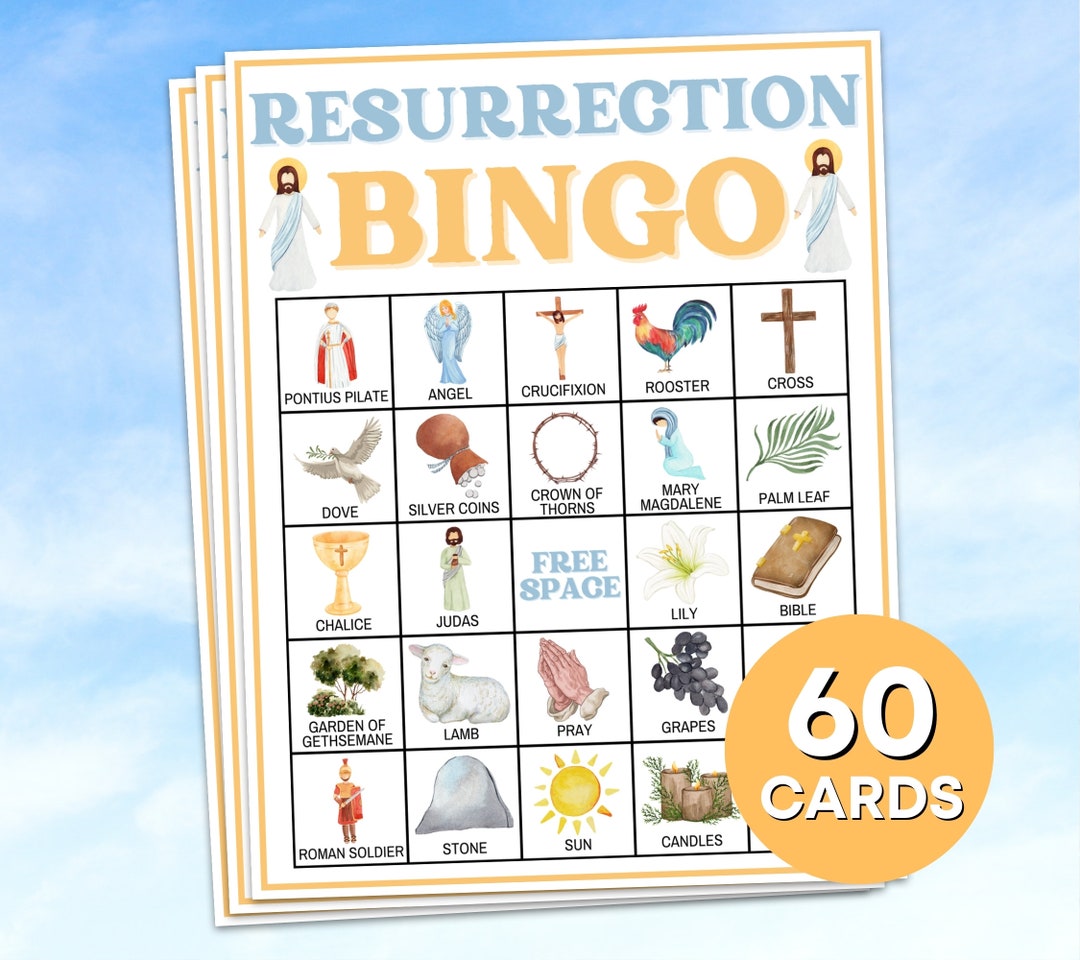 60 Resurrection Bingo Cards Printable Game, Easter Sunday Bible Bingo ...