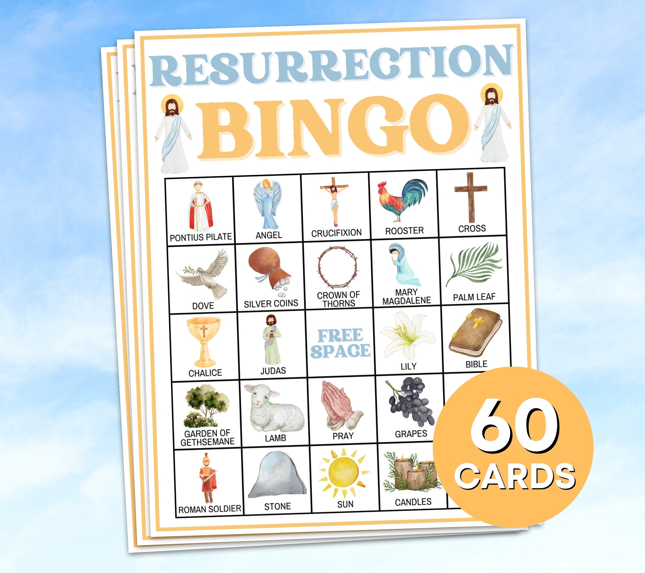 60 Resurrection Bingo Cards Printable Game, Easter Sunday Bible Bingo ...
