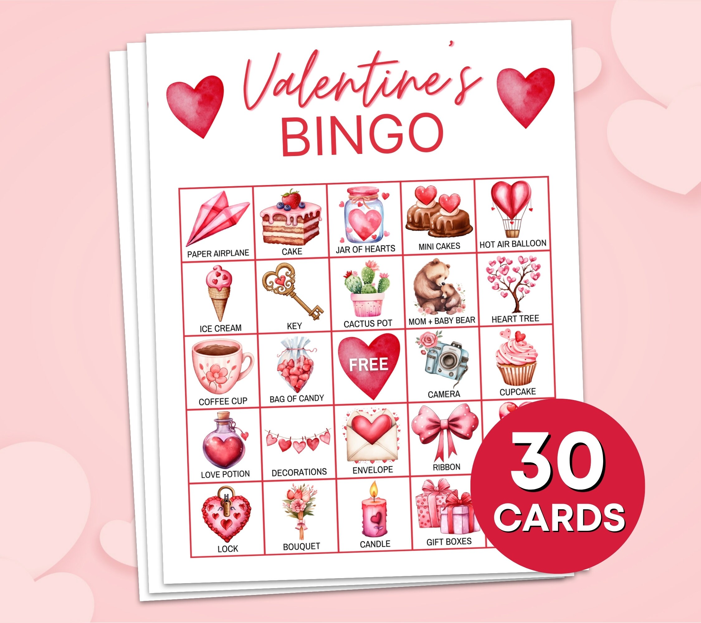 30 Valentines Bingo Game Cards Printable, Valentine's Day Bingo Cards ...