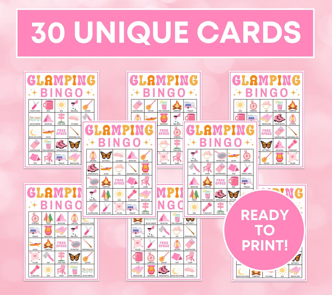 30 Glamping Bingo Cards Printable Game, Girls Camping Party Bingo Game ...