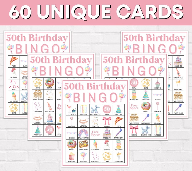 60 50th Birthday Bingo Cards Printable Game, 50th Birthday Party Bingo Board Game, Womens ...