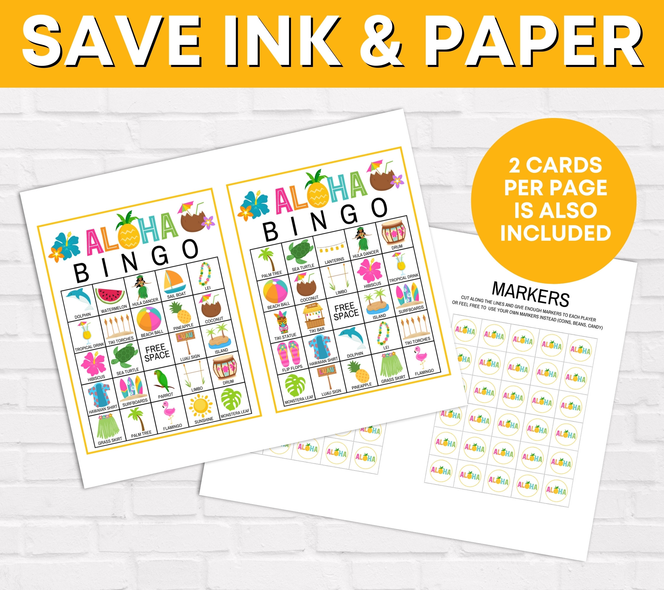 60 Aloha Bingo Cards Printable Game, Luau Hawaiian Birthday Party Bingo ...