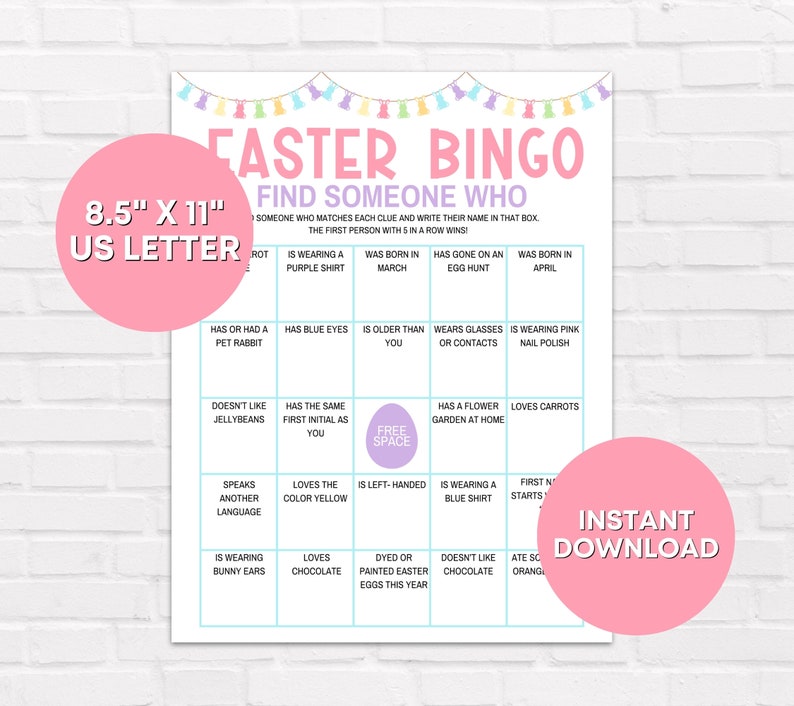 Easter Bingo Find Someone Who Game, Easter Party Mingle Icebreaker Find ...