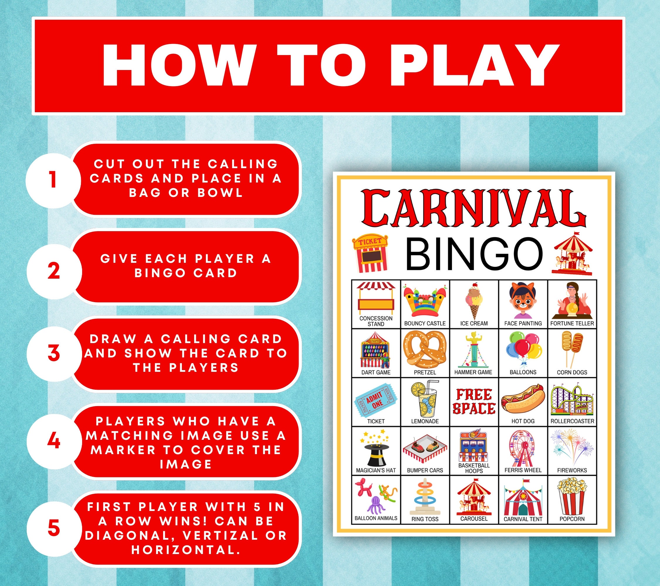 60 Carnival Bingo Cards Printable Game, Carnival Party Bingo Boards ...