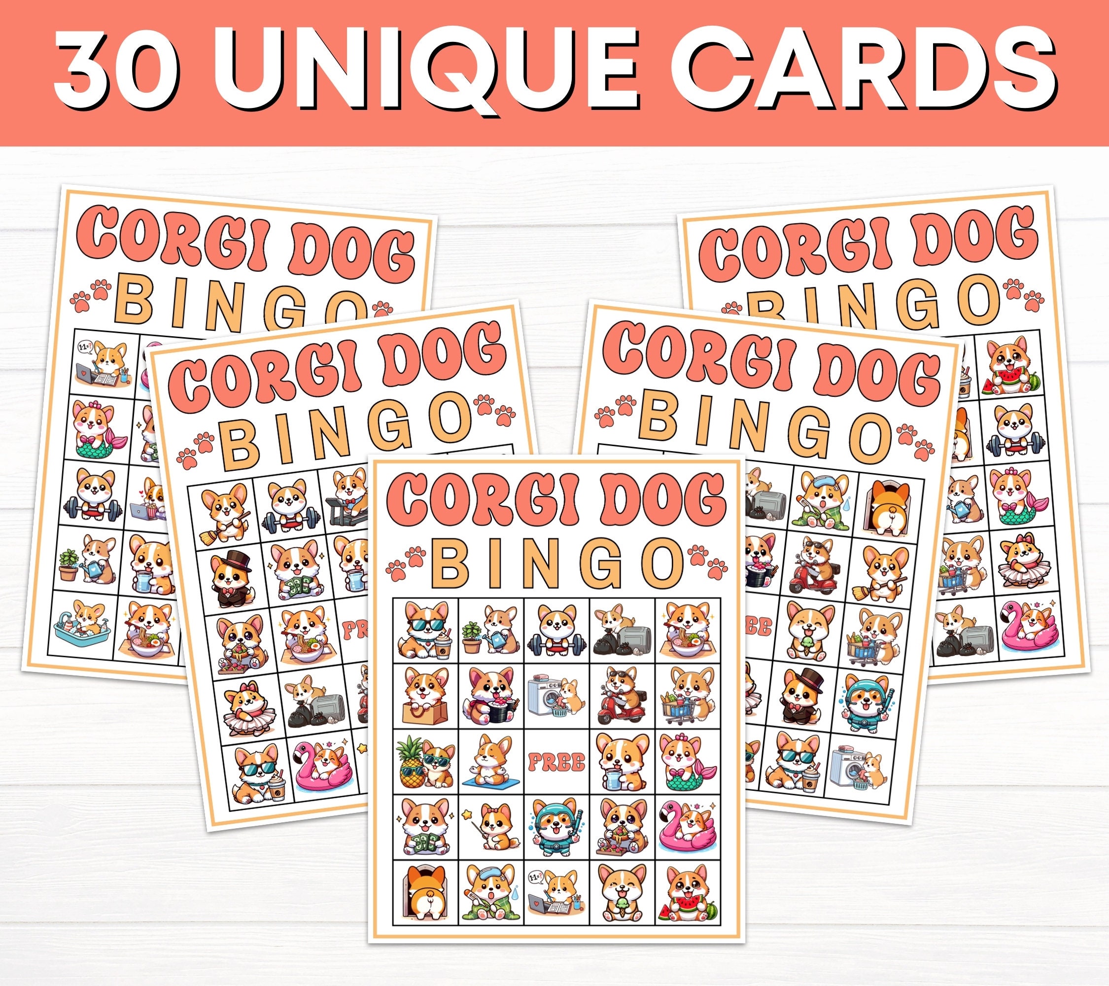 30 Corgi Dog Bingo Cards Printable Game, Corgi Dog Lover Bingo Board ...