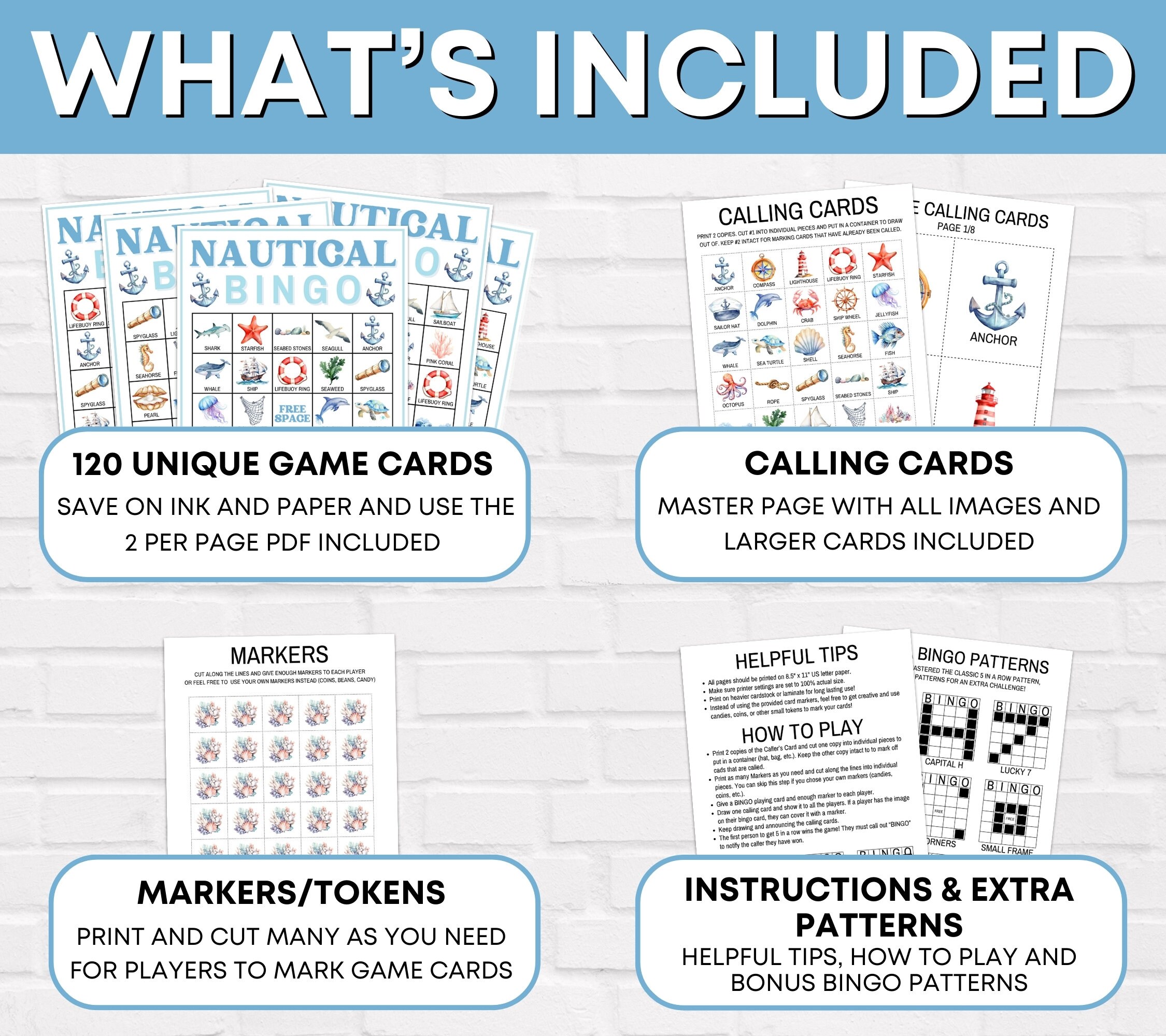 120 Nautical Bingo Cards Printable Game, Ocean Nautical Birthday Party ...